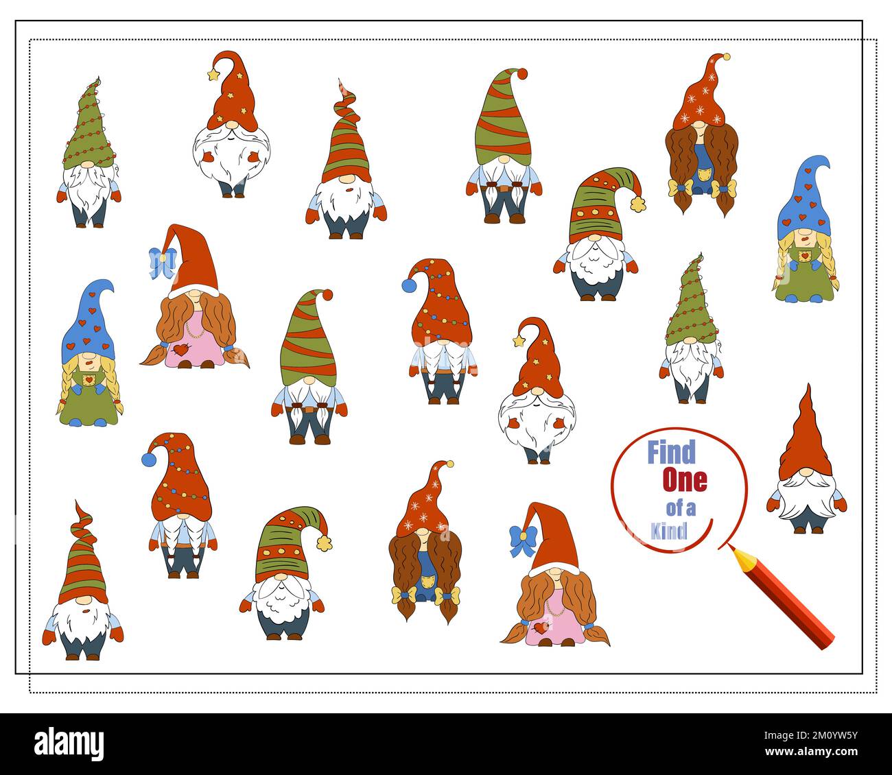 A puzzle game for kids, find the one of a kind. Cartoon Christmas Gnome ...