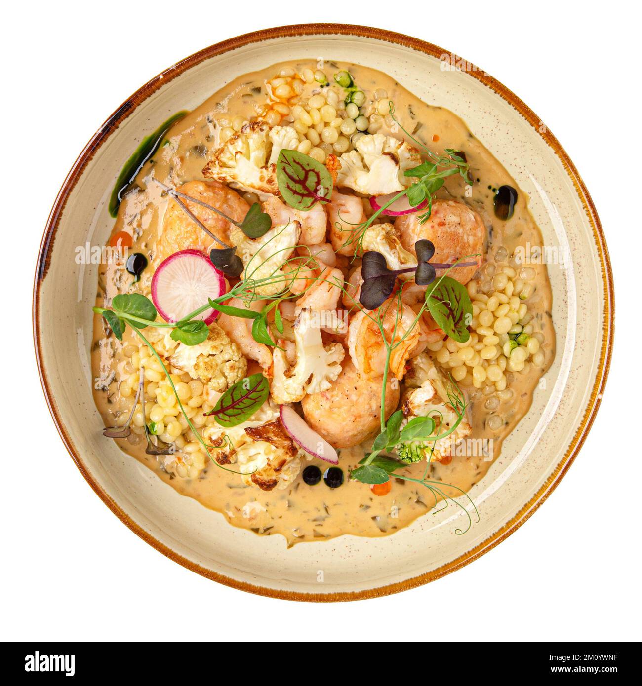 Portion of ptitim dish with seafood and herbs Stock Photo - Alamy