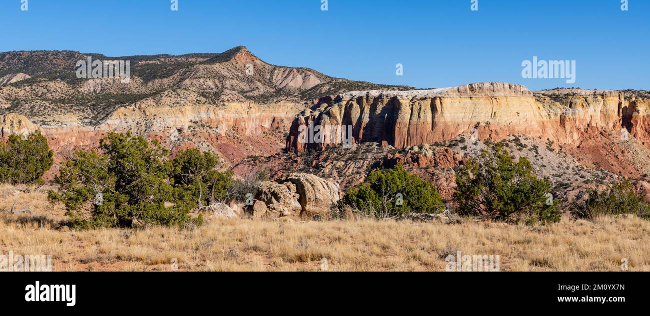 Panorama of colorful cliffs, mesas, and mountain peaks of Ghost Ranch ...