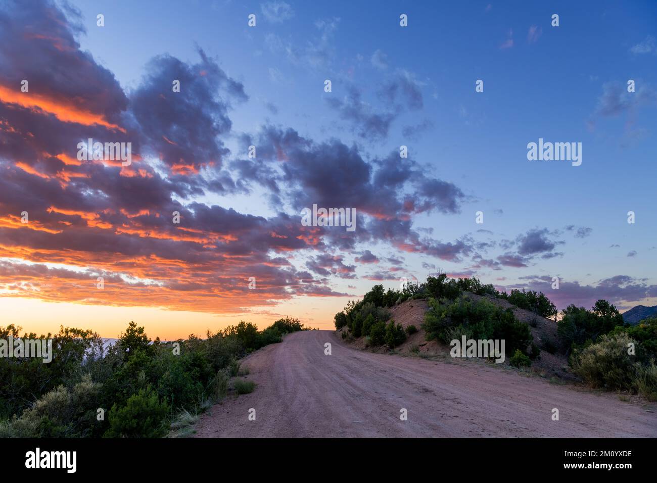 Dirt road leading to a hilltop under a dramatic sunset sky with pink ...