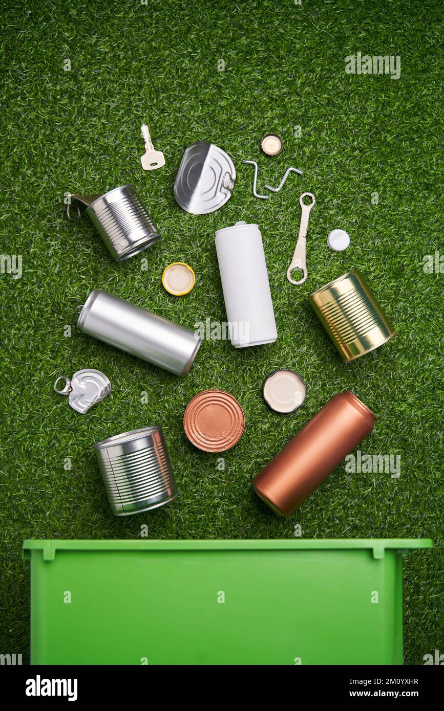 Many metal tins, cans and jars for recycling. Aluminum metal food and ...