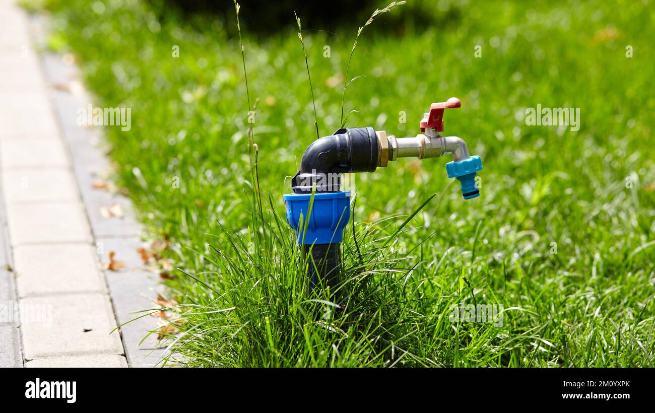 Faucet in a park to adjust water hose on it to hydrate the green grass ...