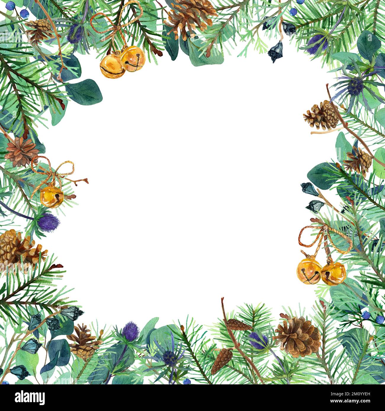 Watercolor Christmas Rustic Frame Clipart. Christmas Tree, Bells & Pine ...