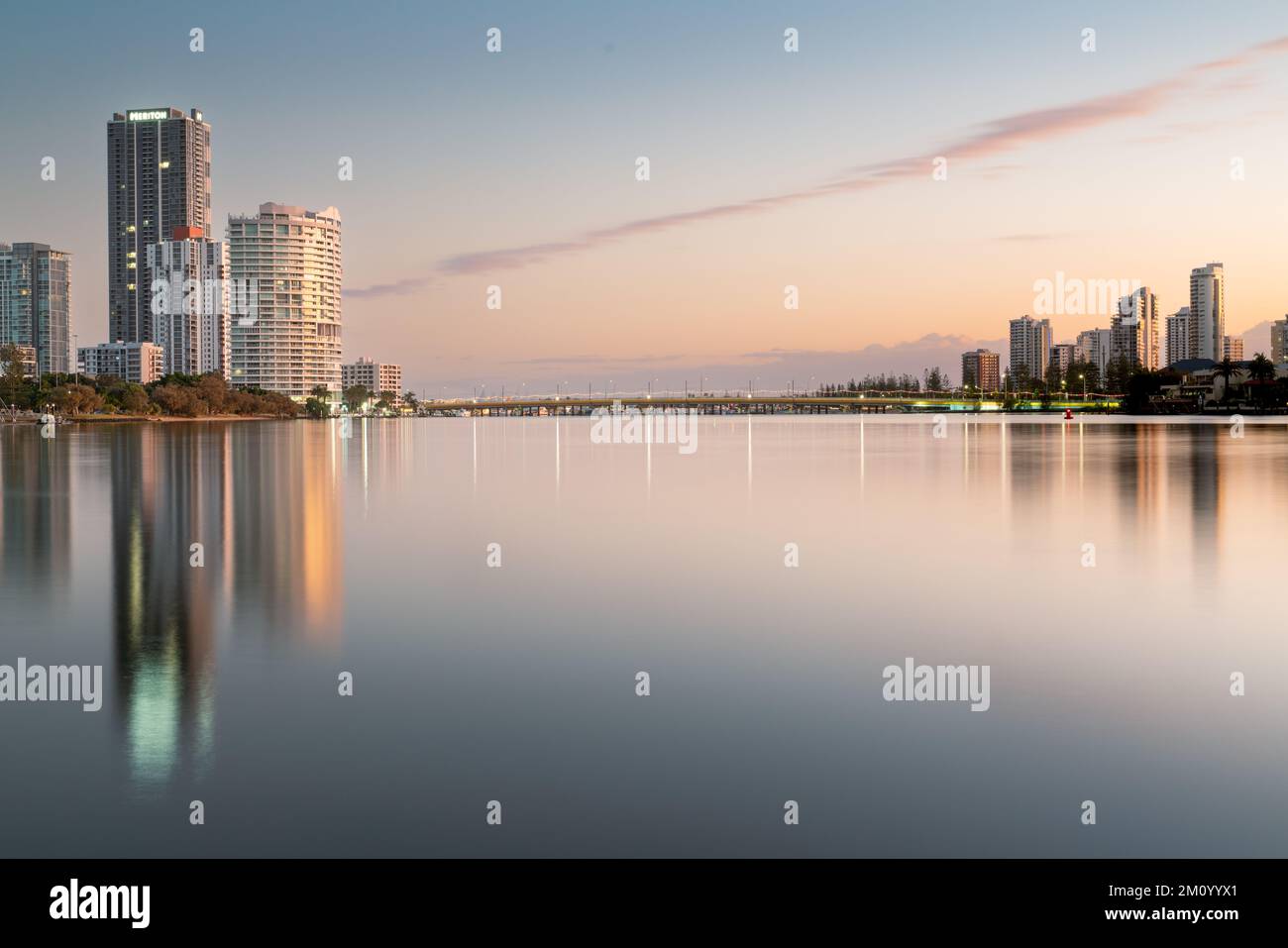 Early morning on the Gold Coast looking down the Nerang River towards ...