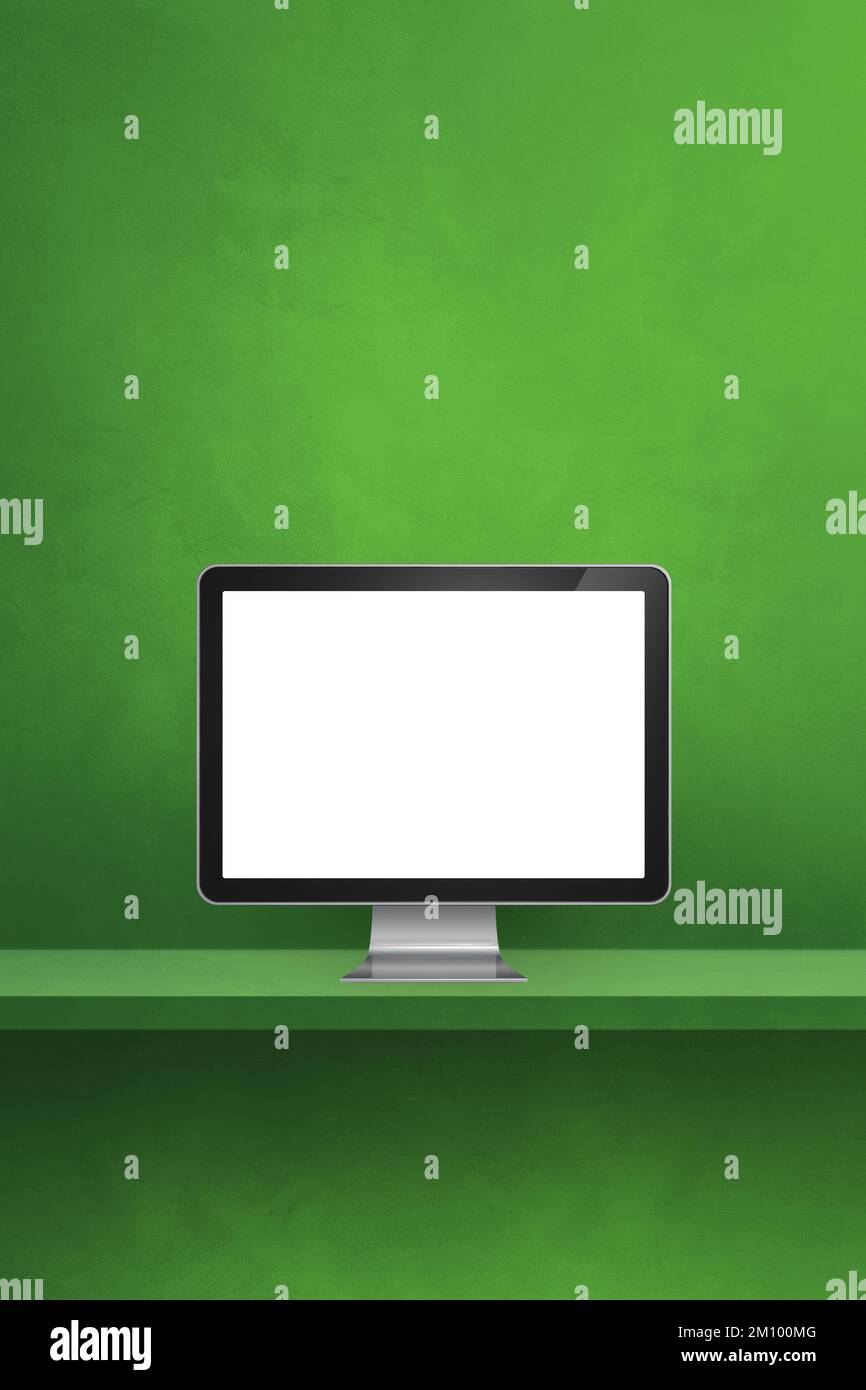 Computer pc - green wall shelf. Vertical background. 3D Illustration ...