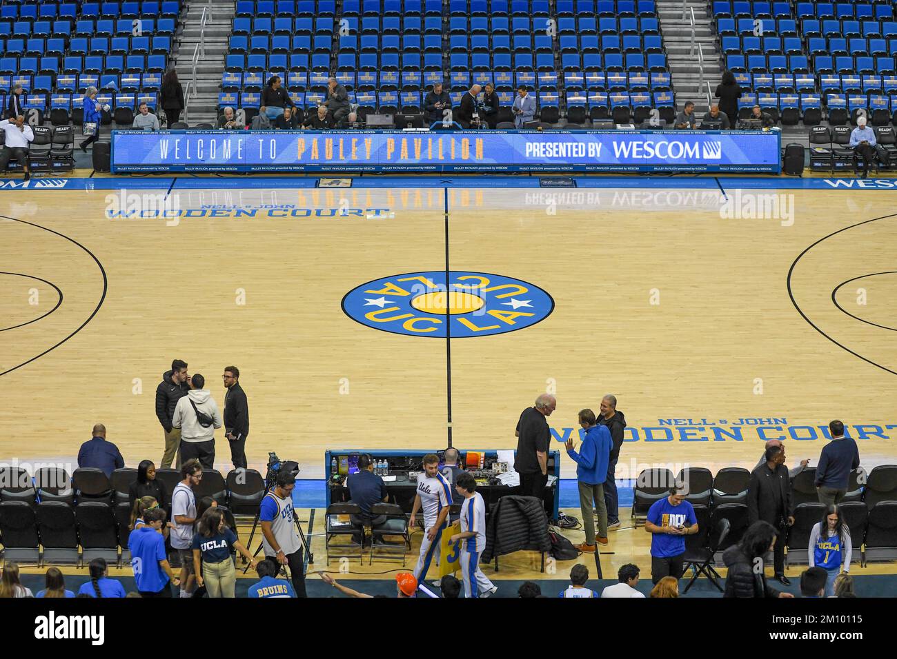 Detailed view of the UCLA Bruins basketball court logos at Pauley ...