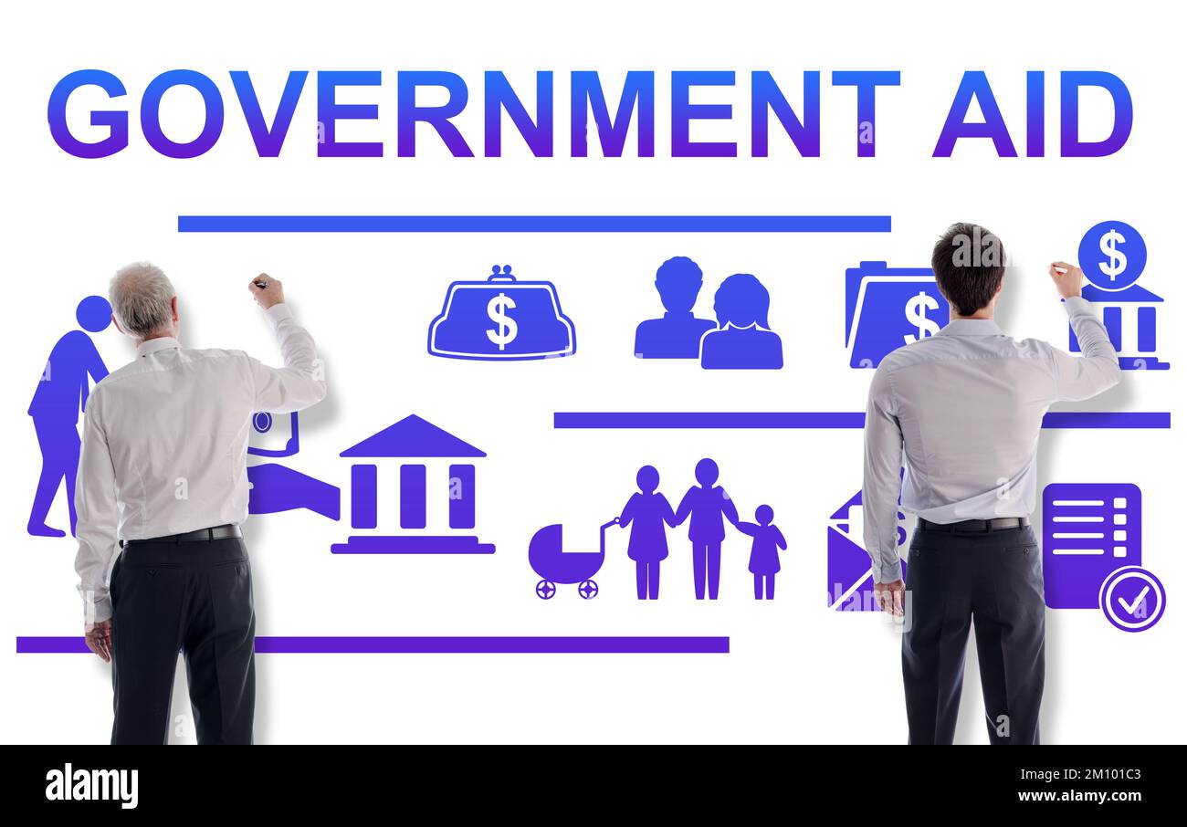 Government aid concept drawn on a white wall by businessmen Stock Photo ...
