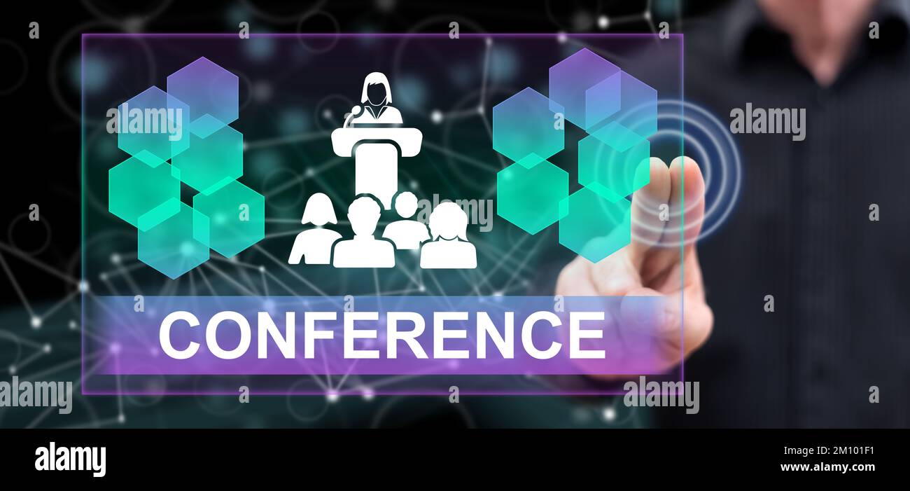 Man touching a conference concept on a touch screen with his fingers ...