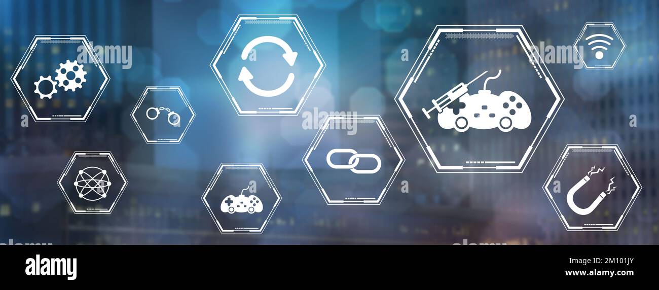 Concept of video game addiction with icons on blurred dark background ...