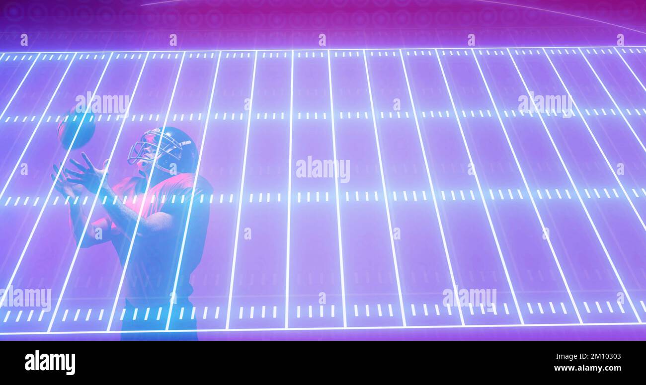 Composite of american football field over male player playing with ball ...
