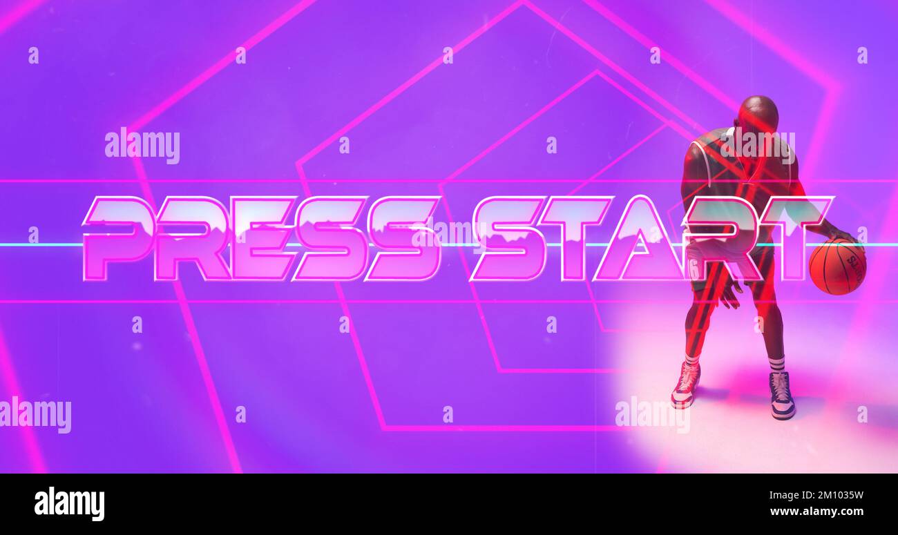 Composite of press start text with pink lines and bald african american ...