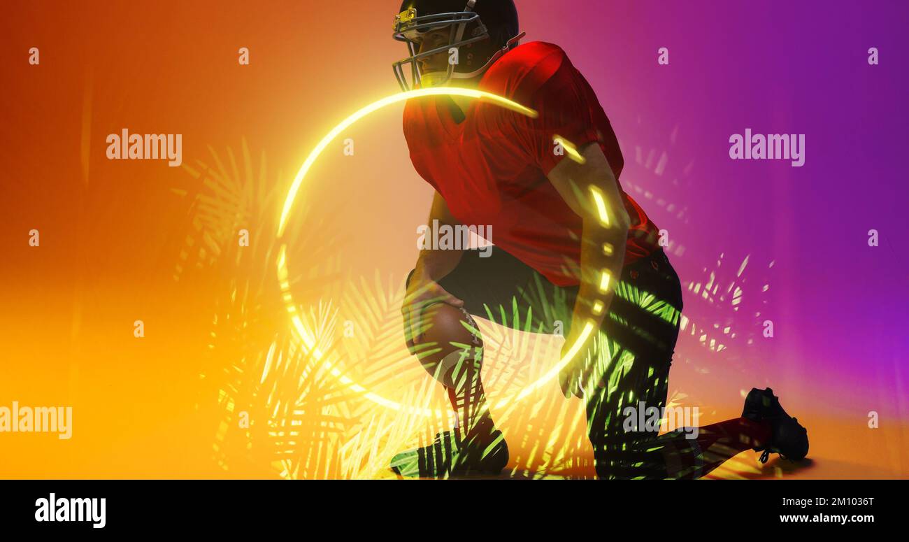 Composite of american football player wearing helmet with ball kneeling ...