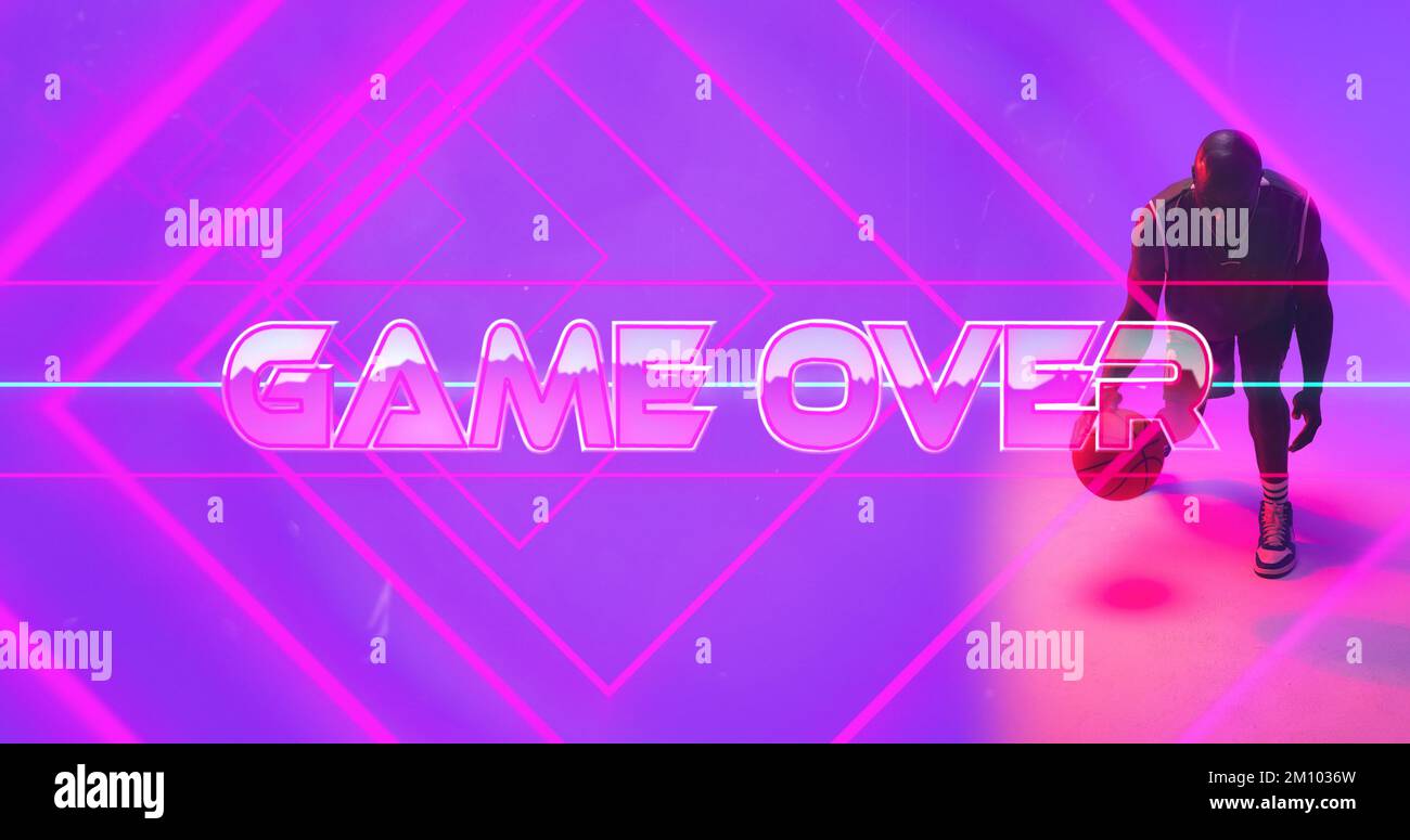 Composite of game over text with pink lines and bald african american ...