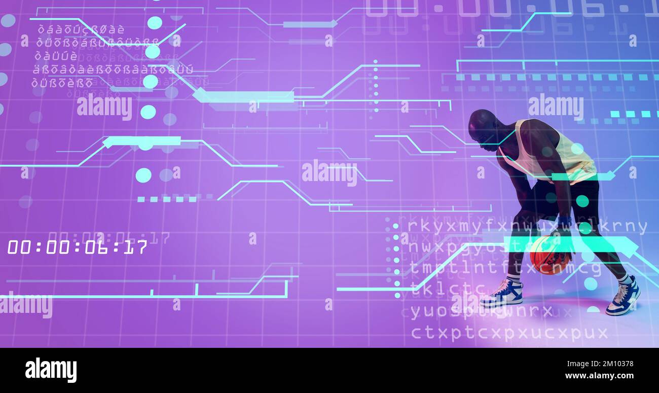 African american bald basketball player with ball standing on grid ...