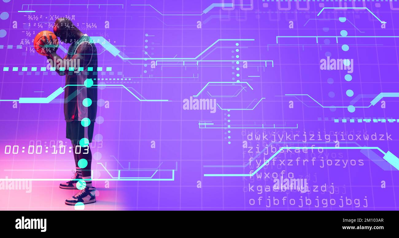 Bald african american basketball player with ball standing on grid ...