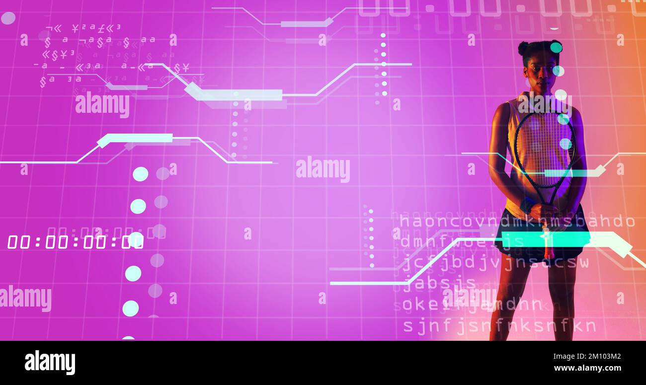 Biracial female athlete with racket standing over grid pattern with ...