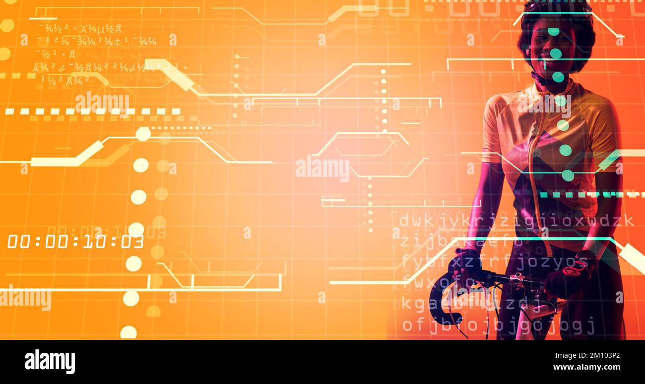 Biracial female athlete riding bike over illuminated grid pattern with lines, dots and codes ...