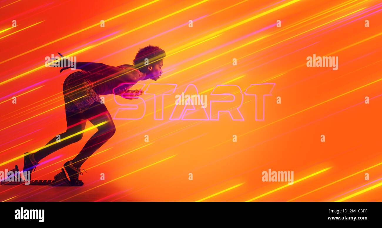 Side view of biracial female athlete running by start text over ...