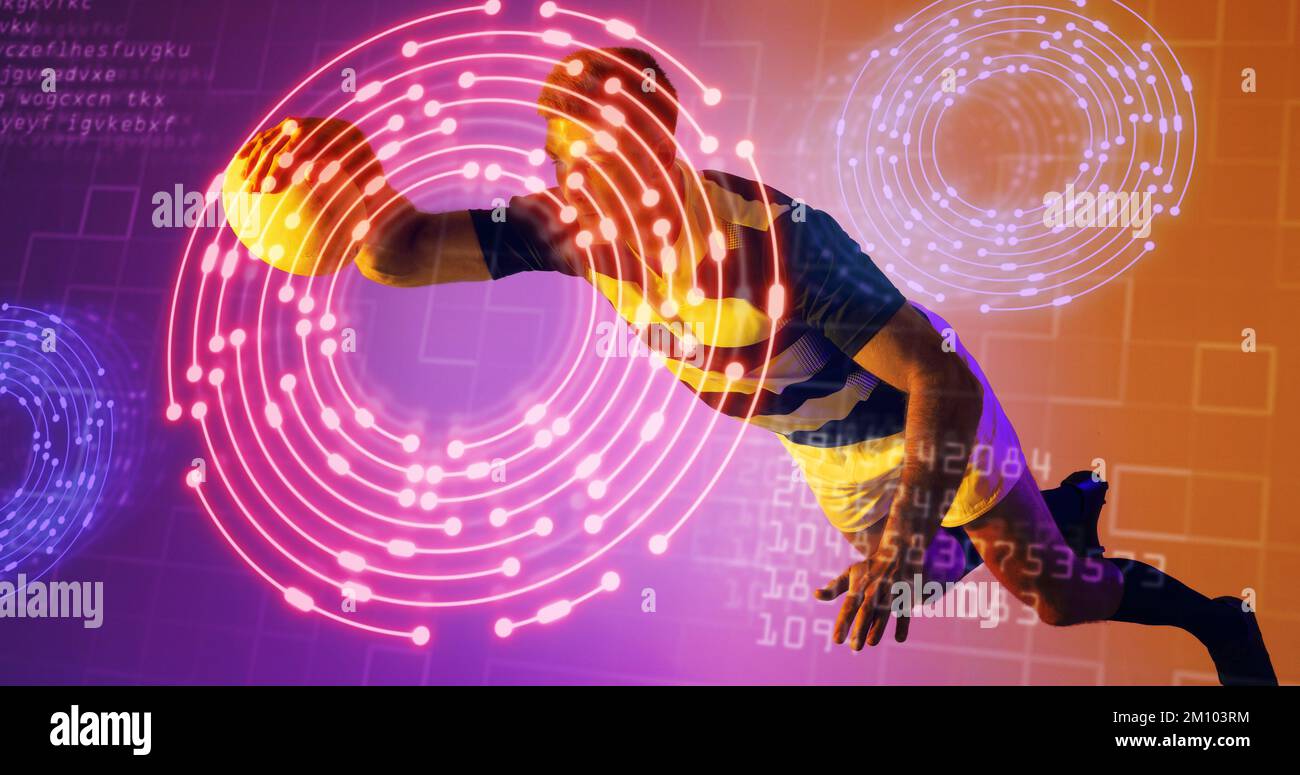 Caucasian rugby player with ball jumping over computer language, grid ...