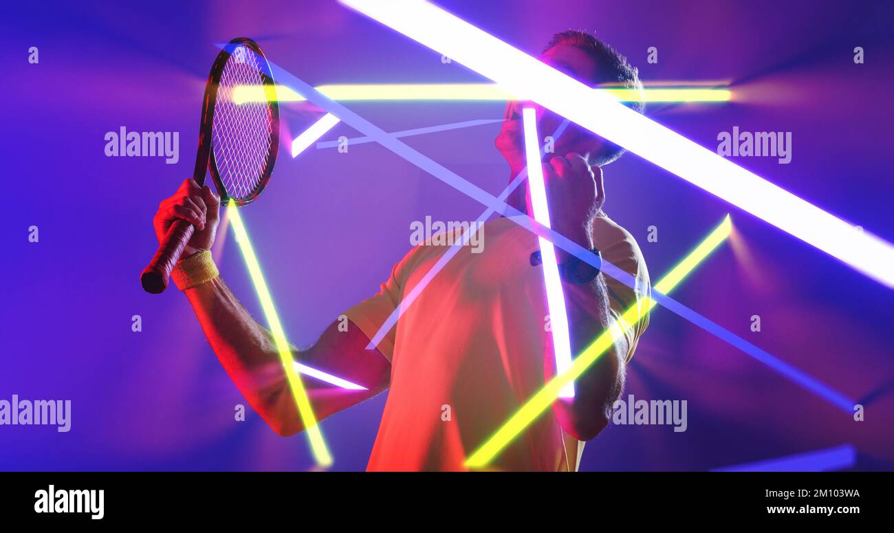 Composite of caucasian tennis player celebrating success with colorful ...