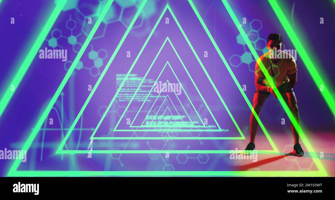 Composite of sportsman with green neon and geometric shape with ...