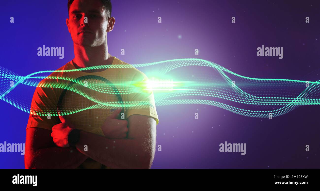 Composite of young caucasian tennis player with neon wave pattern, copy ...