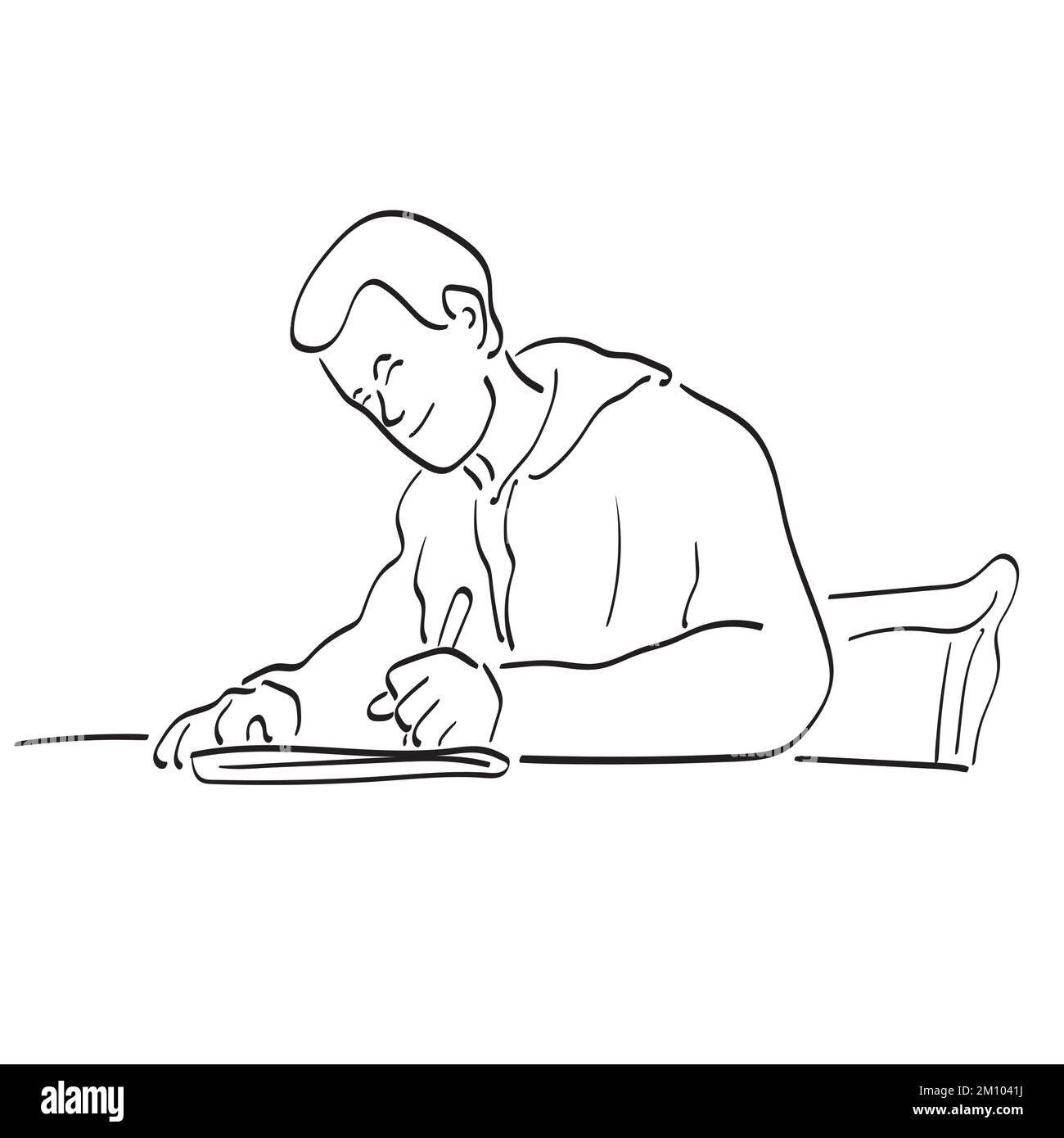 line art man writing paper on his table illustration vector hand drawn ...