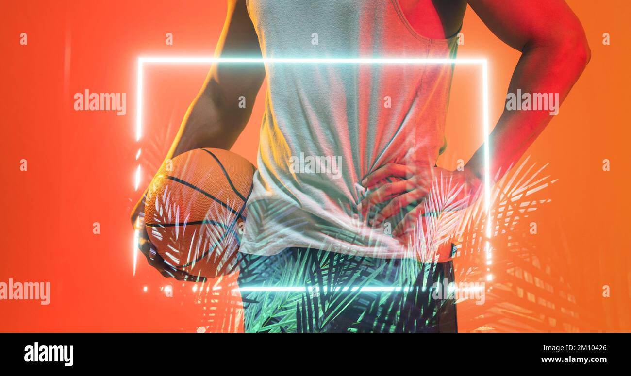 Multiple exposure of male basketball player and plants with rectangle ...