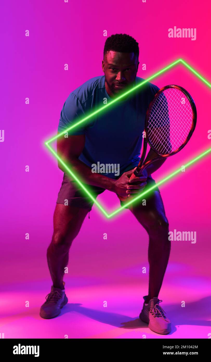 Rectangle neon over young african american tennis player with racket ...