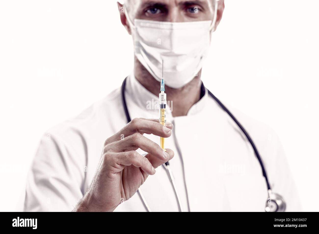 Doctor hold syringe. Giving injection. Covid-19 prevention. Injection ...