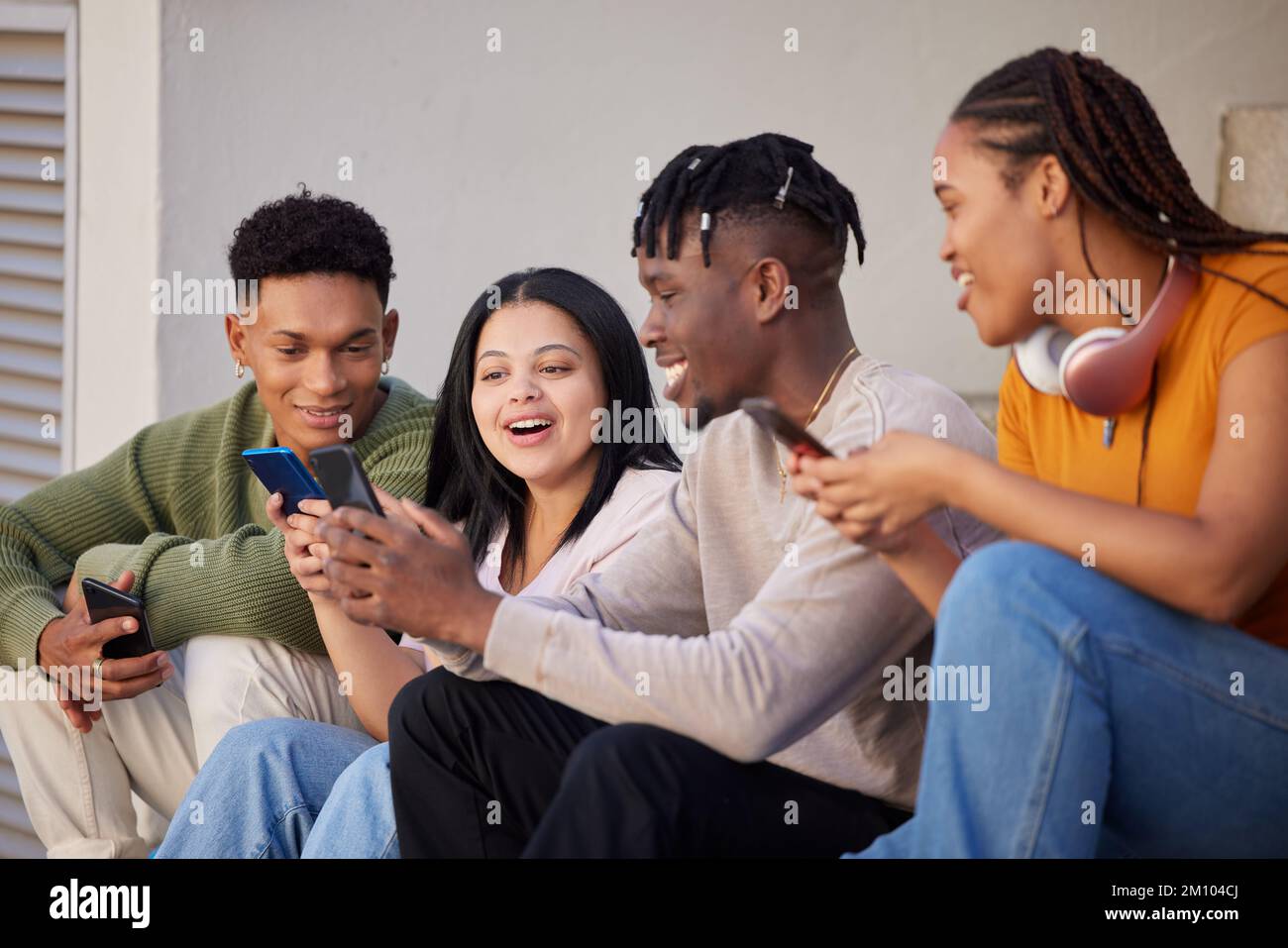 Smartphone, students and diversity with social media scroll, networking ...