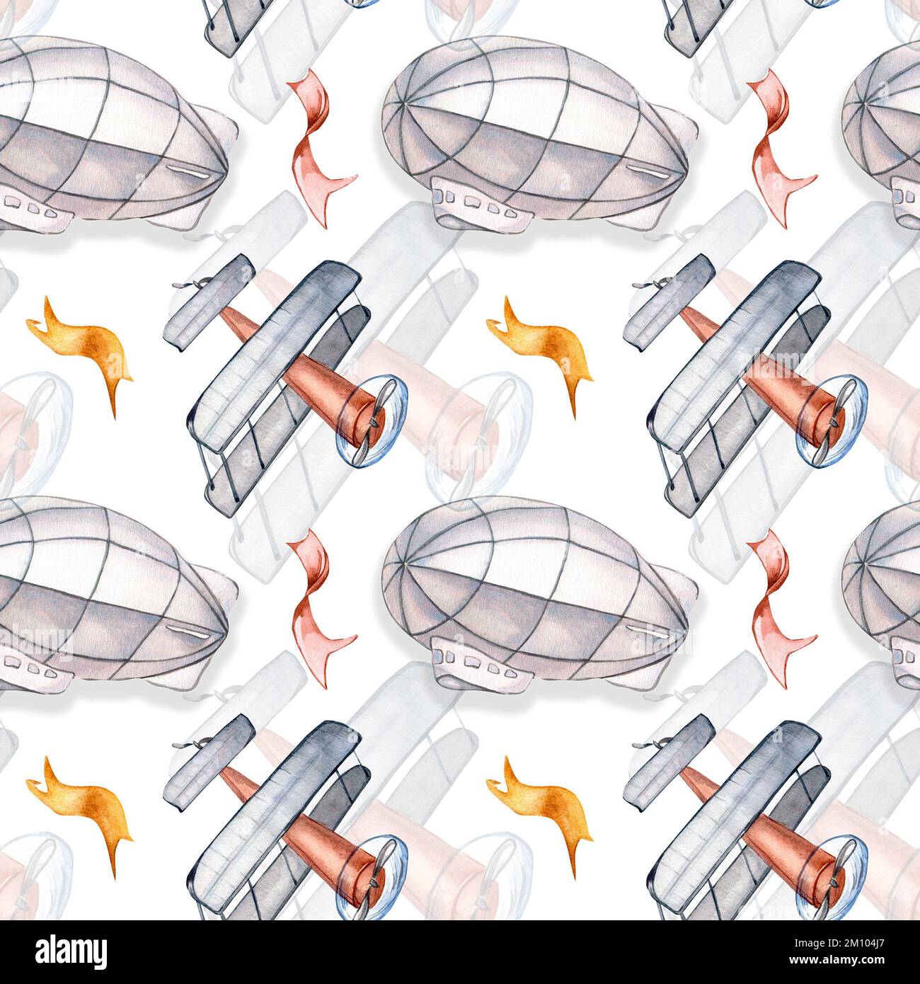 Retro aircraft vintage style watercolor seamless pattern isolated on ...