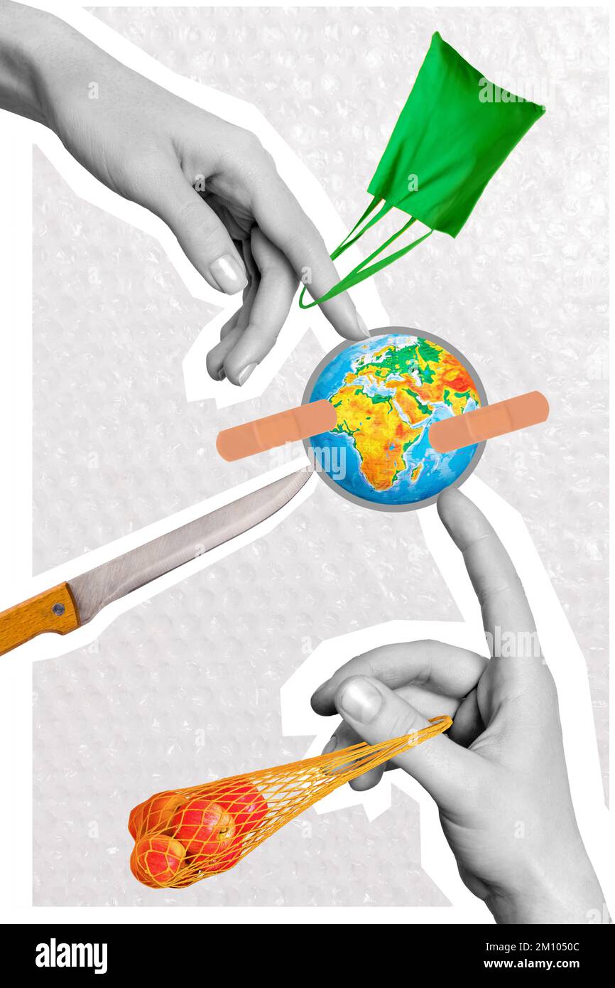 Vertical creative collage of two black white effect arms fingers point ...