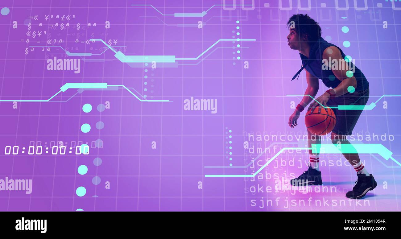 Biracial basketball player dribbling ball over illuminated grid pattern ...