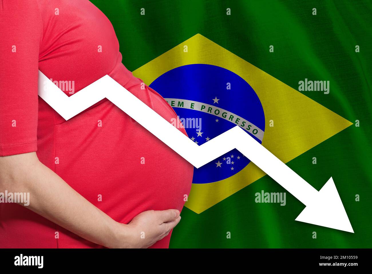 Brazilian pregnant woman on flag of Brazil background. Falling ...