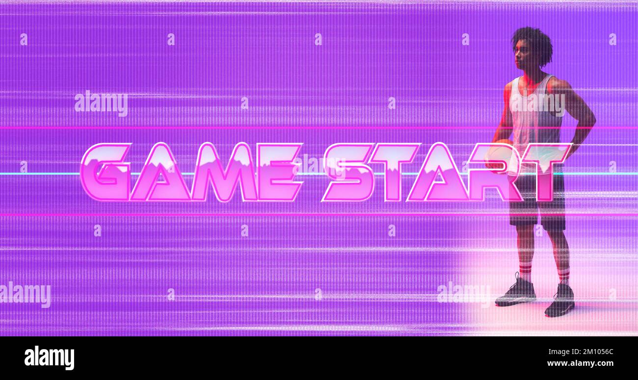 Composite of game start text with glitch technique over biracial male ...