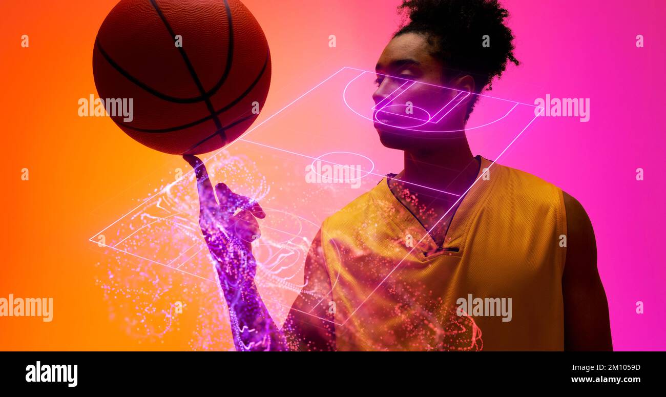 Composite of biracial male player spinning ball on finger over ...