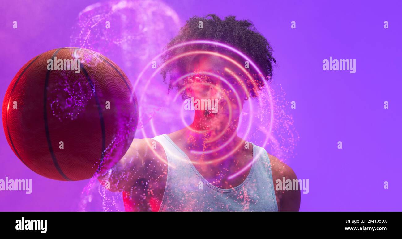 Composite of illuminated circular and abstract pattern over biracial ...