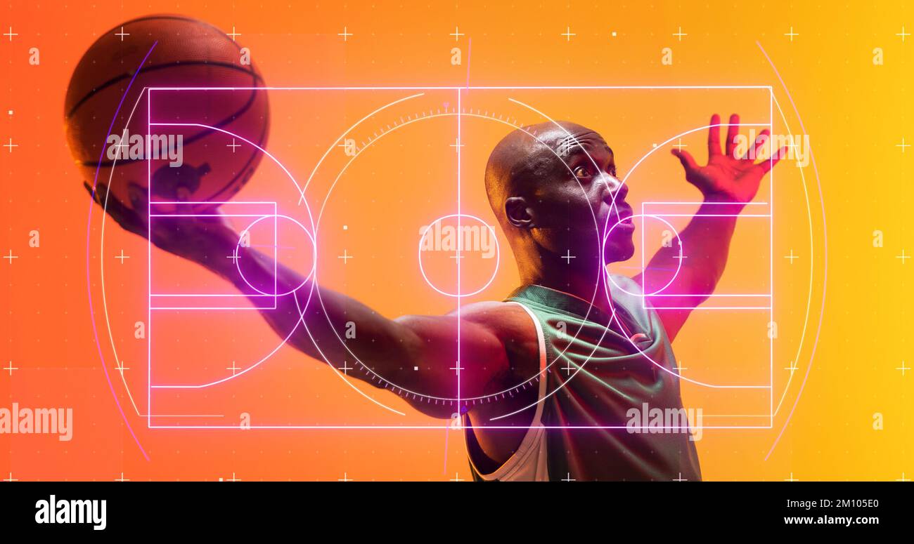 Bald shocked african american player with arms outstretched over plus ...