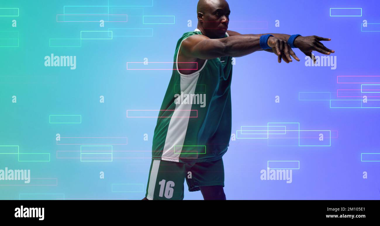 Composite of bald african american basketball player stretching arms ...