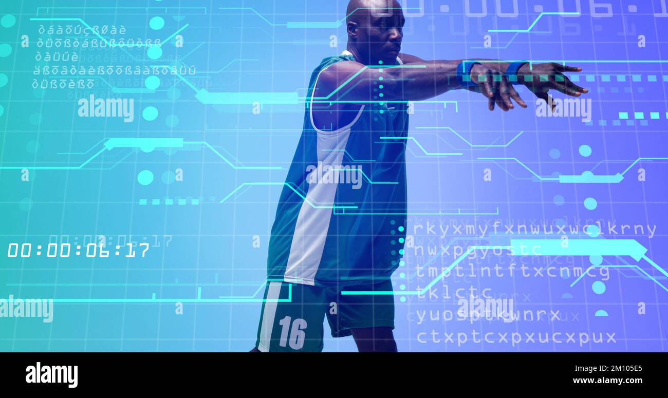 Bald african american basketball player stretching arms over grid ...