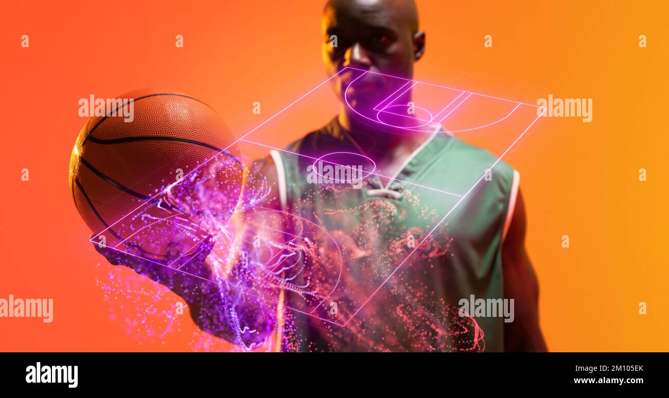 Composite of illuminated basketball court and abstract pattern over ...