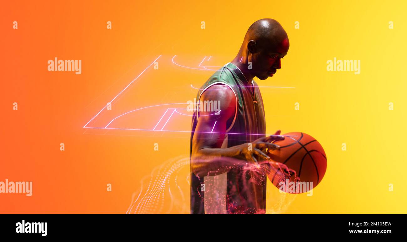 Illuminated basketball court and abstract pattern over side view of ...