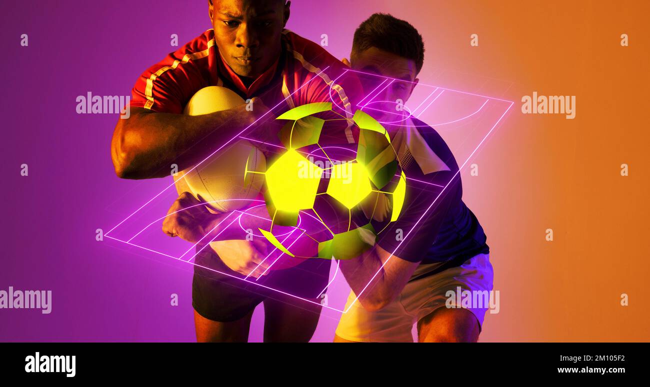 Composite of diverse male rugby players chasing ball over illuminated ...