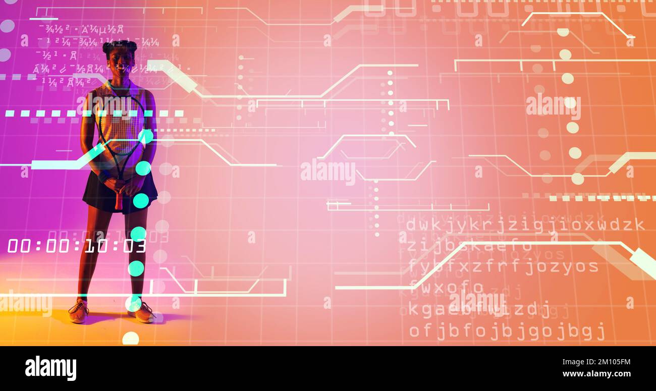 Biracial female tennis player with racket standing over grid pattern ...