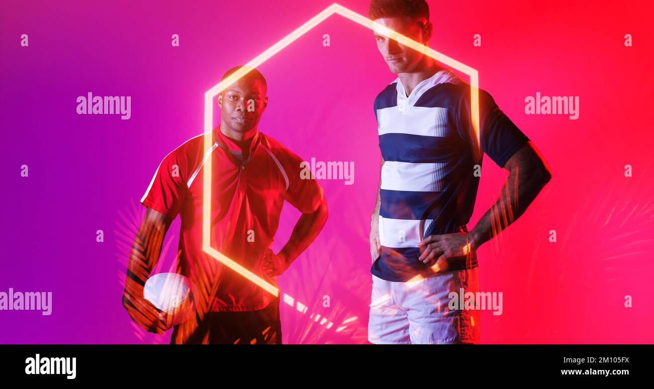 Composite of multiracial male players standing by illuminated hexagon ...