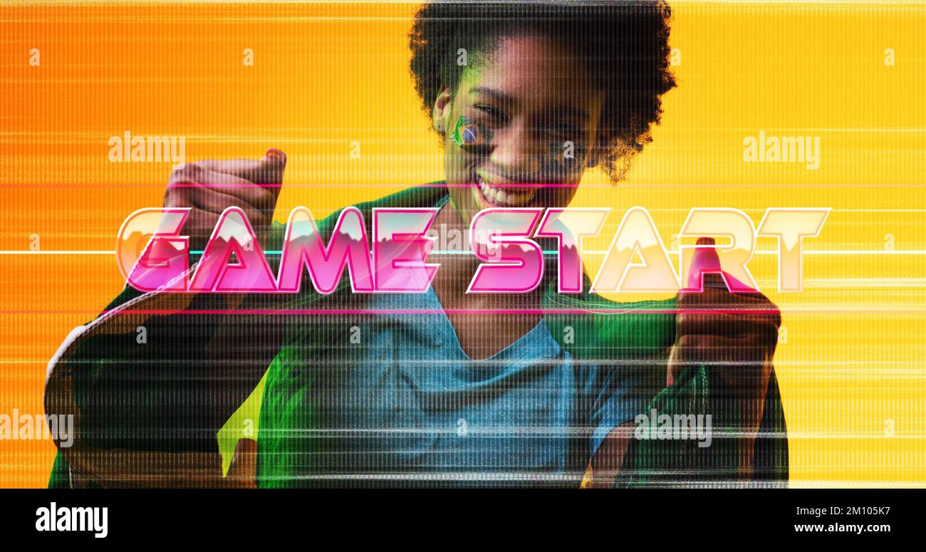 Smiling biracial female soccer player with brazilian flag by game start ...