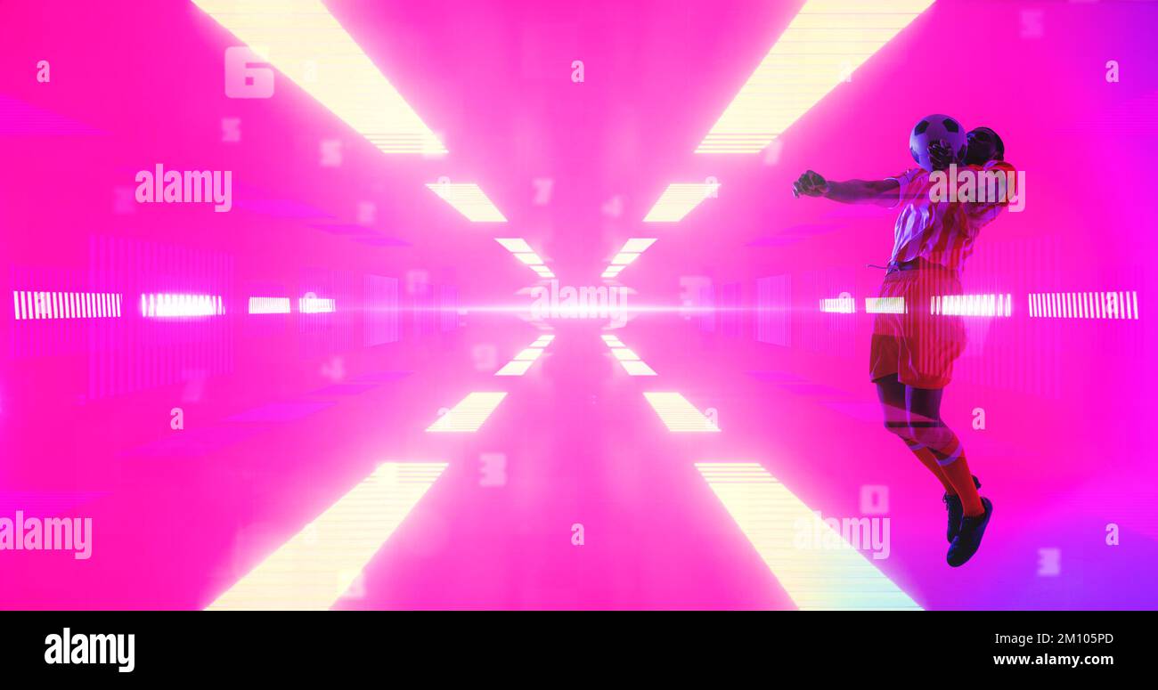 Digital composite of american football jumping over neon pattern ...