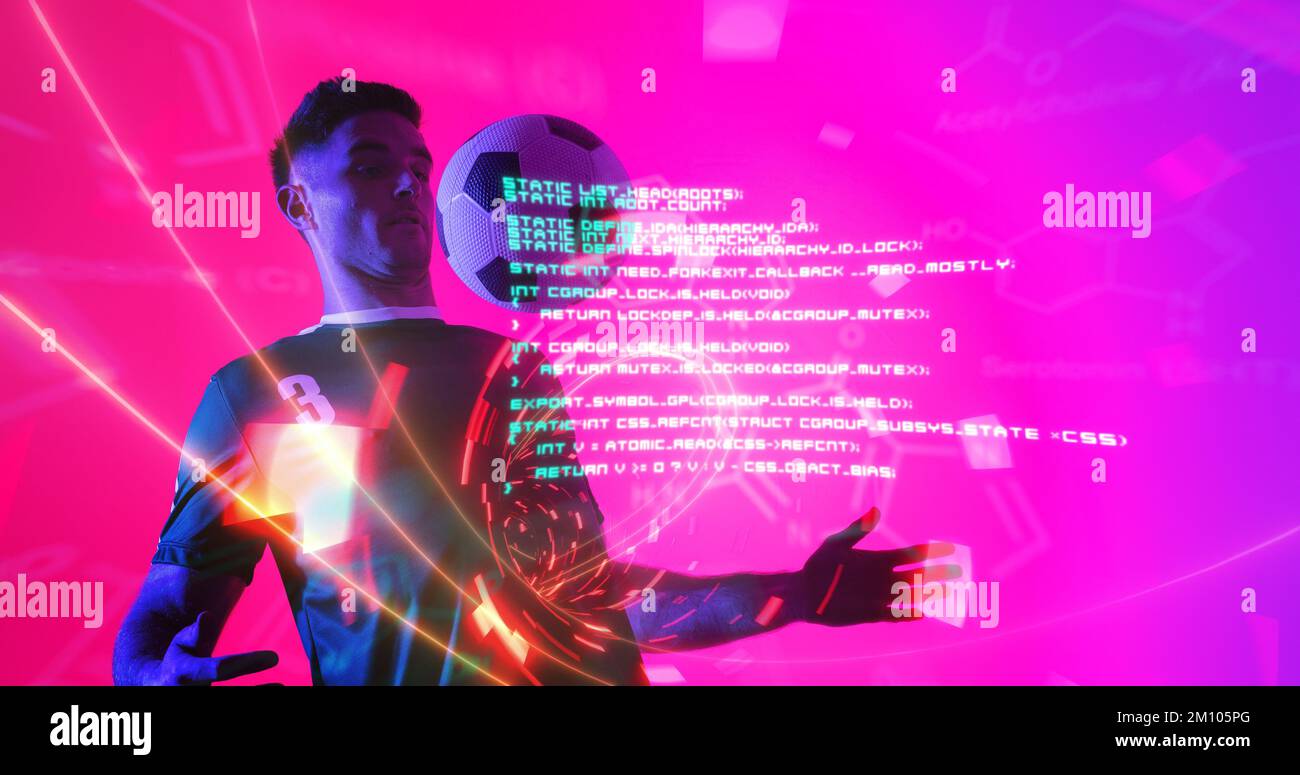 Caucasian young sportsman playing soccer over neon design with computer ...