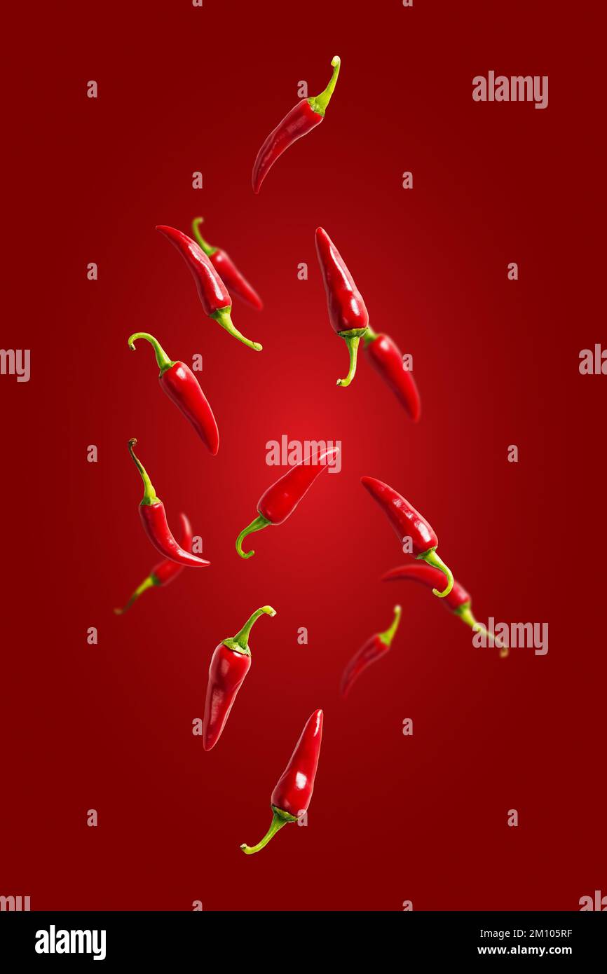 Fresh red chilli peppers floating in the air. food levitation. Falling ...